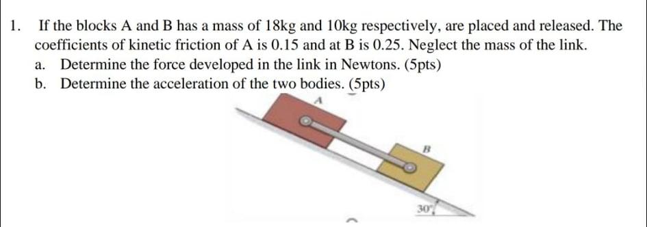 Solved 1. If the blocks A and B has a mass of 18kg and 10kg | Chegg.com