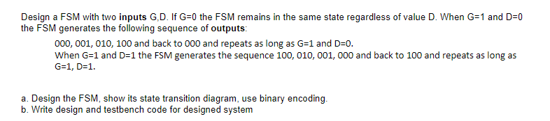Solved Design a FSM with two inputs G, D. If G=0 the FSM | Chegg.com