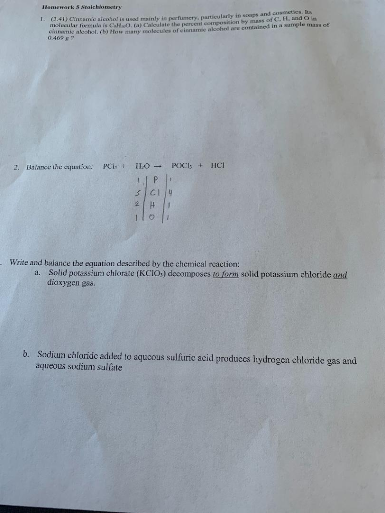 Solved Homework 5 Stoichiometry (Cinnamic alcohol is used | Chegg.com