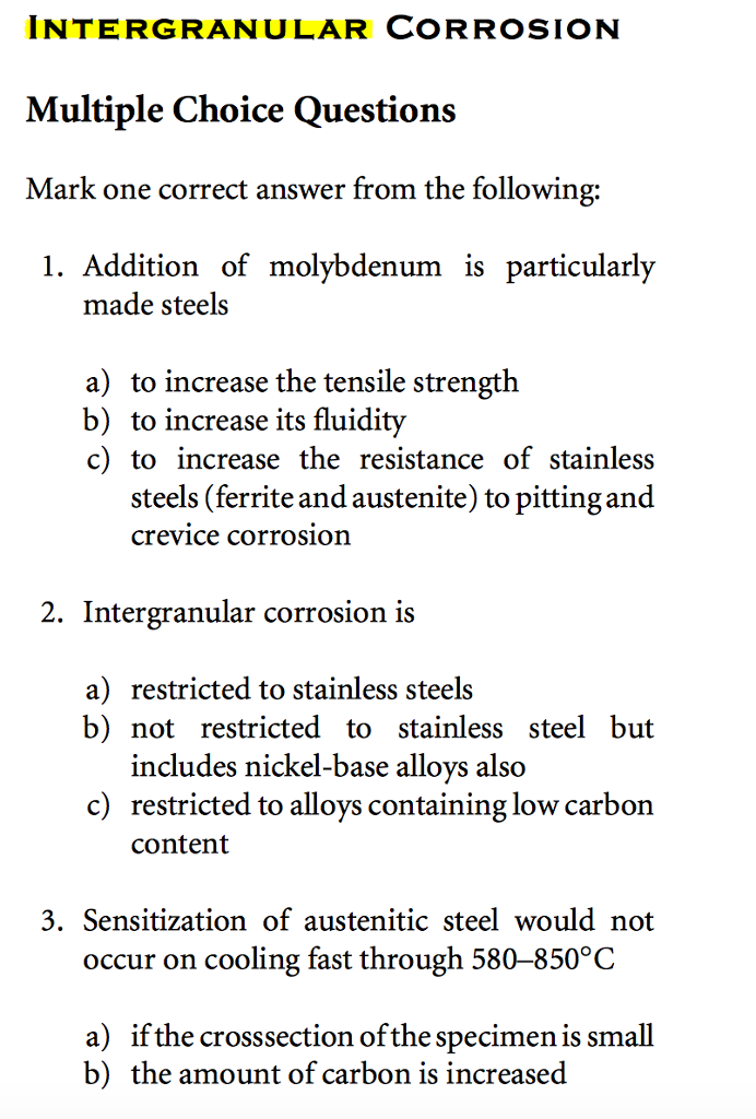 Solved INTERGRANULAR CORROSION Multiple Choice Questions | Chegg.com