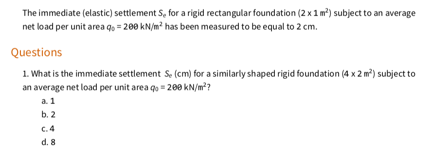 Solved The immediate (elastic) settlement Se for a rigid | Chegg.com