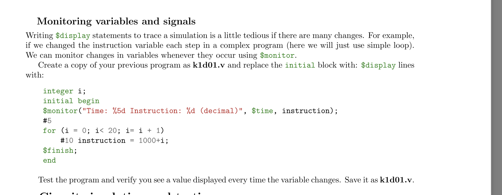 Monitoring variables and signals Writing $display | Chegg.com