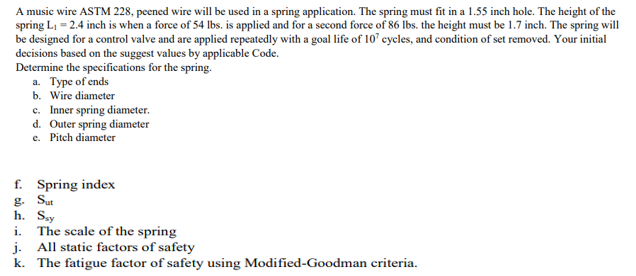 Solved A music wire ASTM 228, peened wire will be used in a | Chegg.com