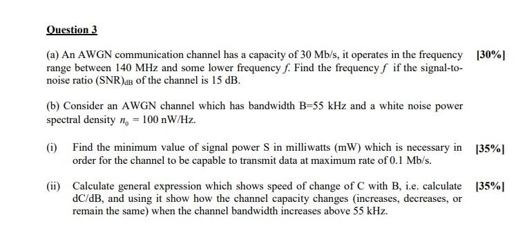 Solved (a) An AWGN communication channel has a capacity of | Chegg.com
