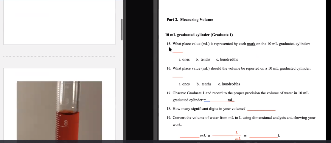 Solved Part 2. Measuring Volume 10 mL graduated cylinder | Chegg.com