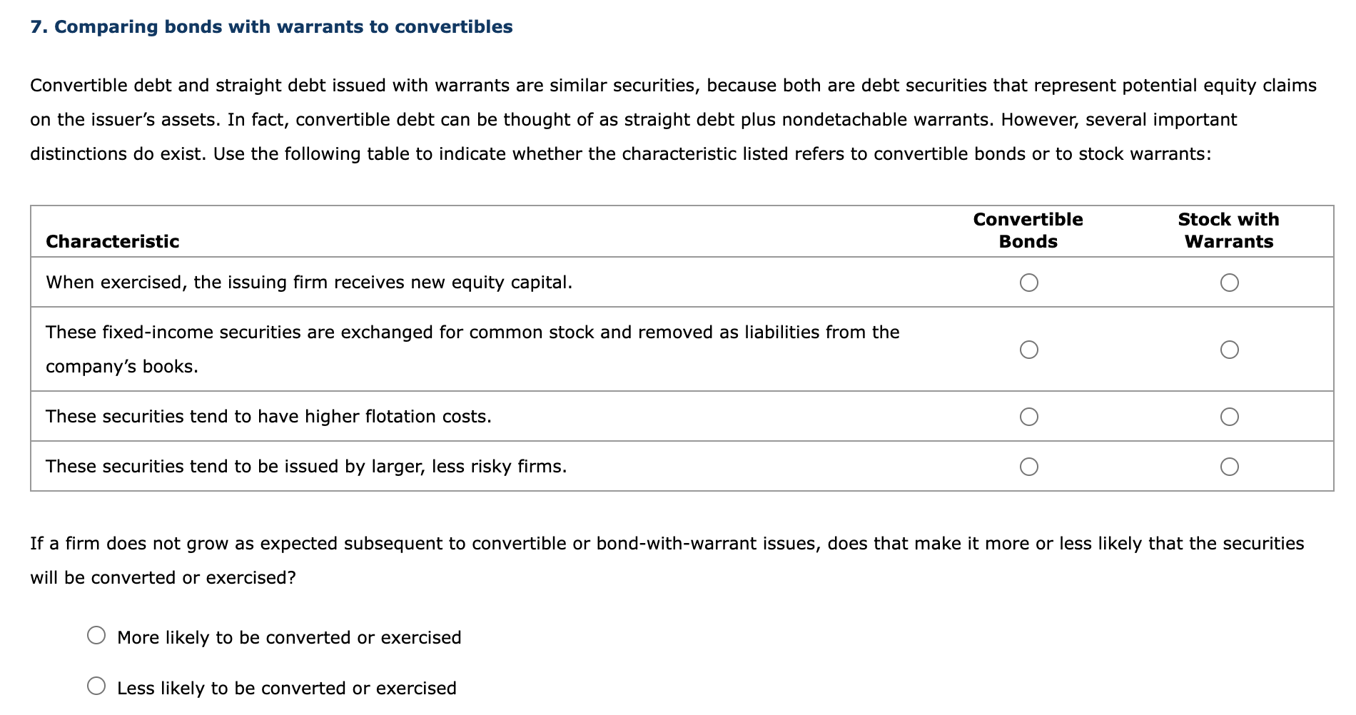 Solved 7. Comparing bonds with warrants to convertibles | Chegg.com