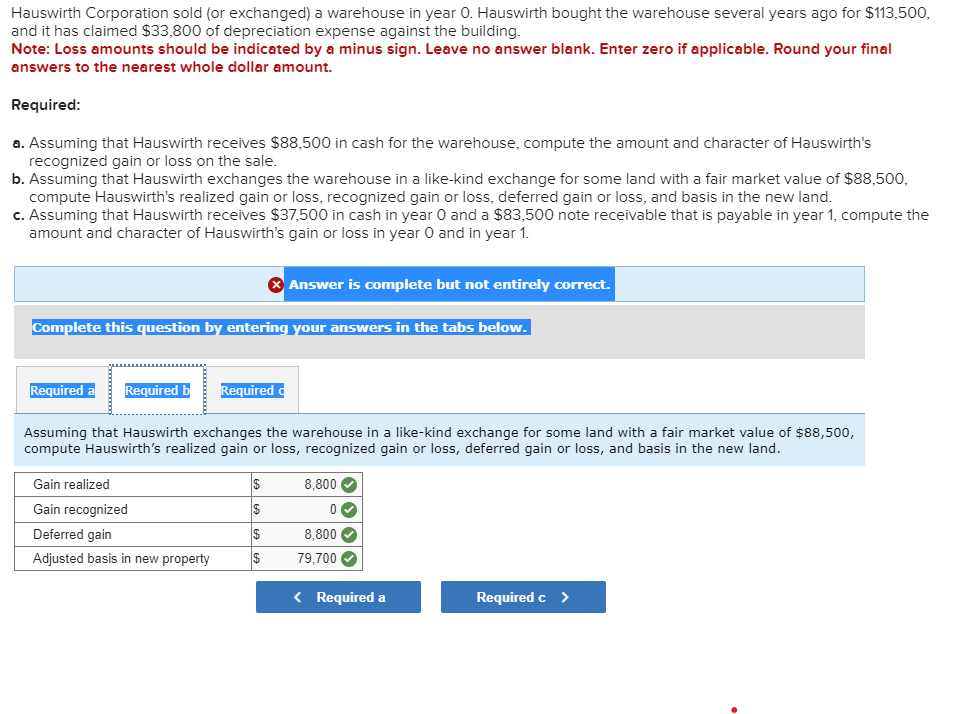 Solved Hauswirth Corporation sold (or exchanged) a warehouse | Chegg.com