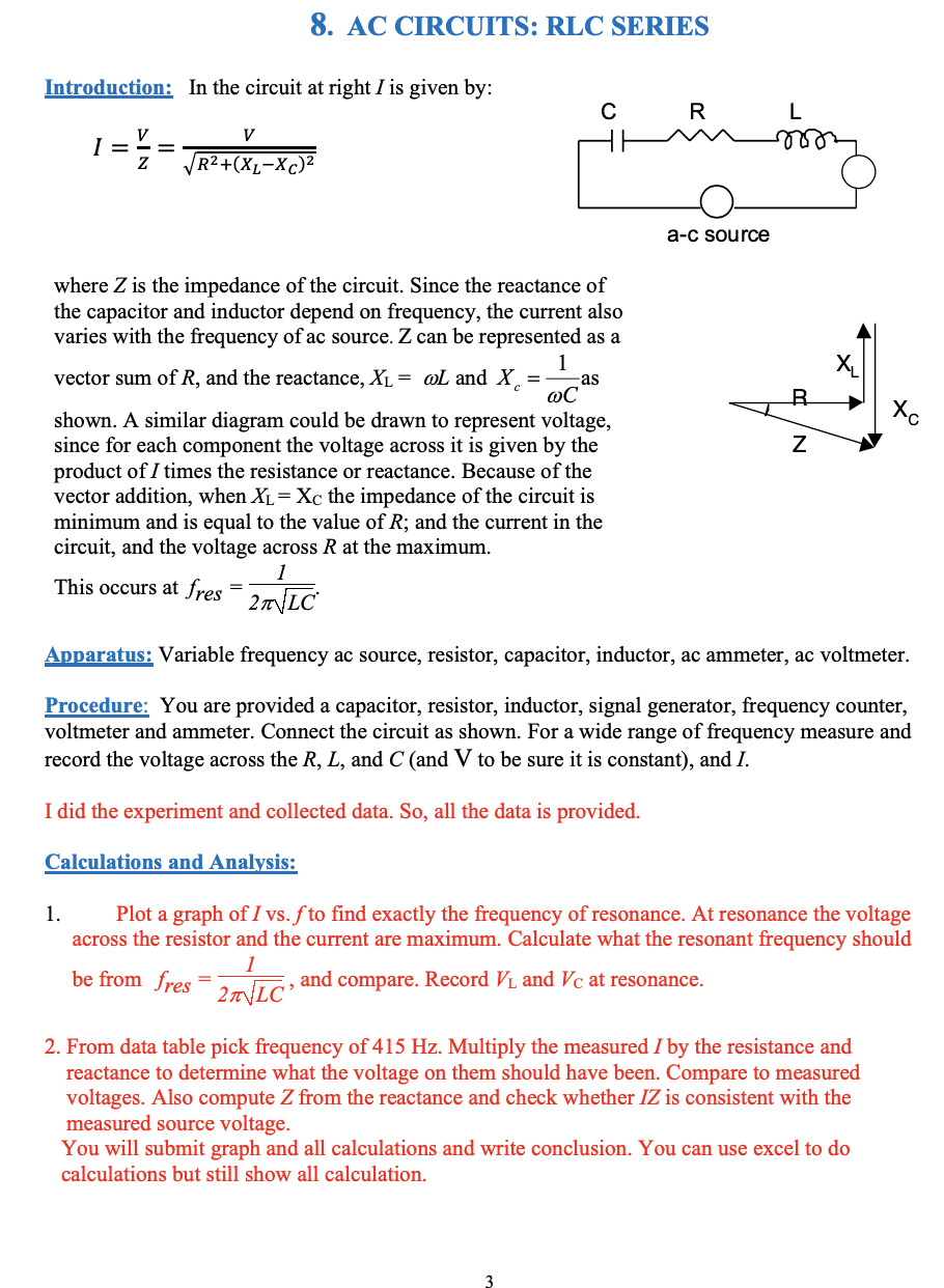 Solved 8. AC CIRCUITS: RLC SERIES Introduction: In the | Chegg.com