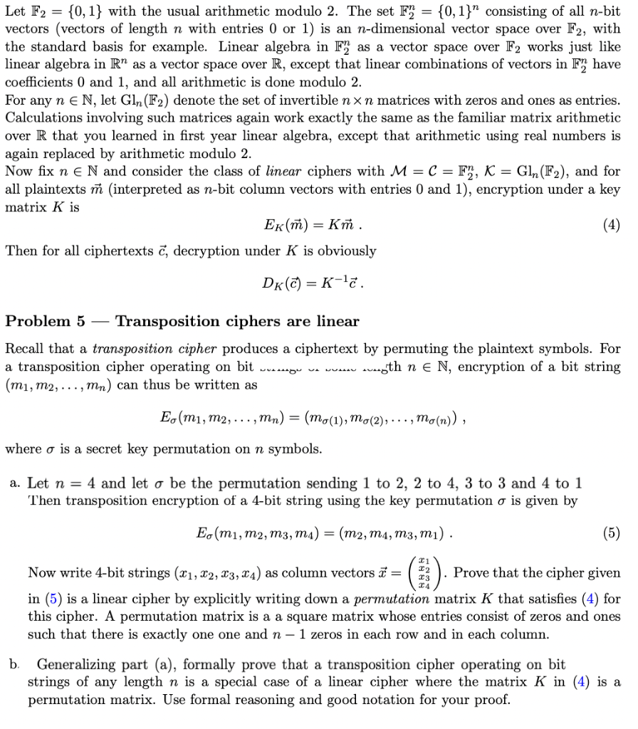 Solved Let F2 {0 1} With The Usual Arithmetic Modulo 2 The