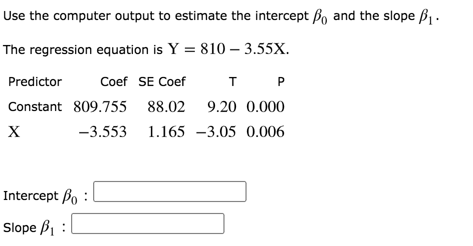 Solved Use the computer output to estimate the intercept Bo | Chegg.com