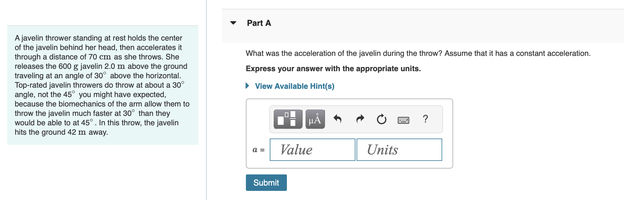 Solved A javelin thrower standing at rest holds the center | Chegg.com