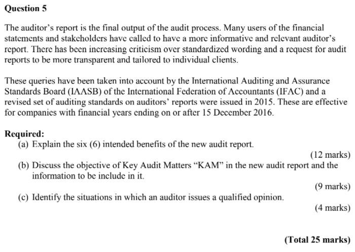 Solved Question 5 The auditor's report is the final output | Chegg.com