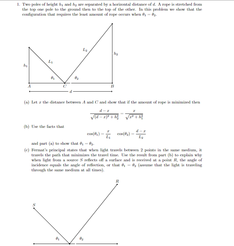 Solved 1. Two poles of height h1 and h2 are separated by a | Chegg.com