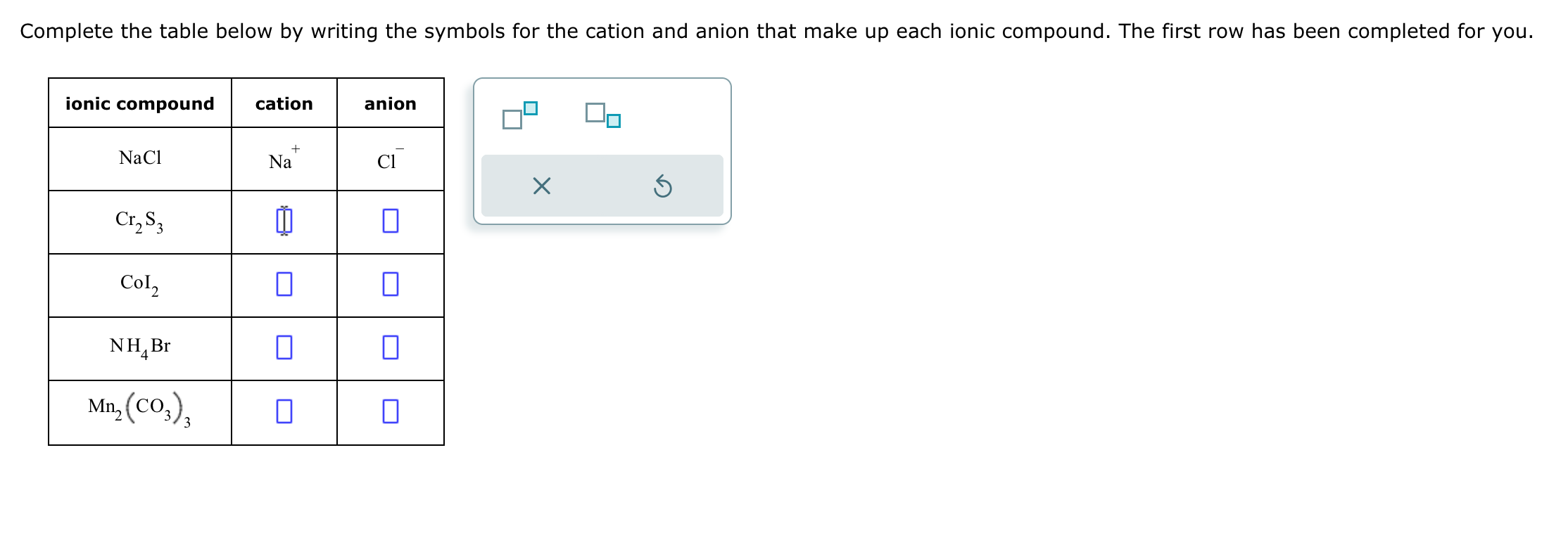 Solved Complete the table below by writing the symbols for | Chegg.com