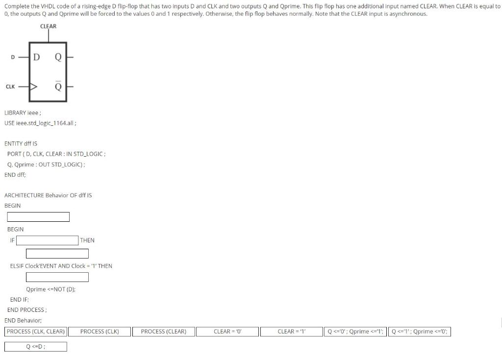 Solved Complete the VHDL code of a rising-edge D flip-flop | Chegg.com