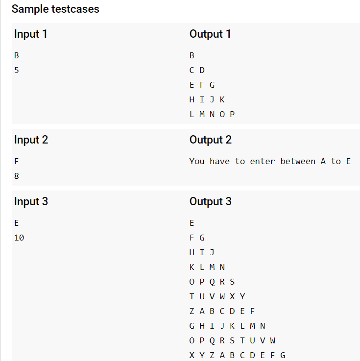 Solved Accept an alphabet up to 'E' and number of rows to be | Chegg.com