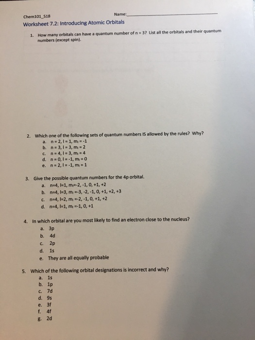 Atomic Orbitals Worksheet