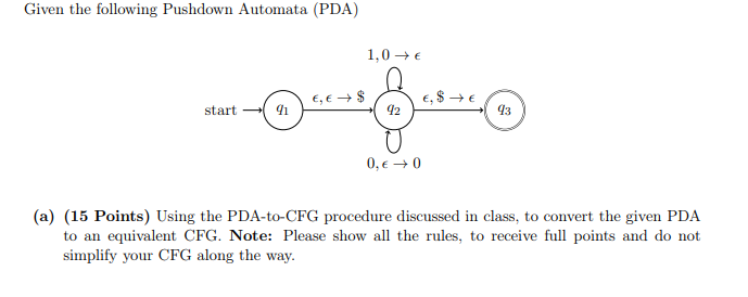 Solved Given the following Pushdown Automata (PDA) 1,0 → €, | Chegg.com