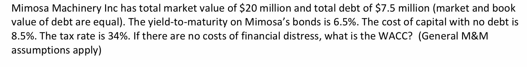 Solved Mimosa Machinery Inc has total market value of $20 | Chegg.com