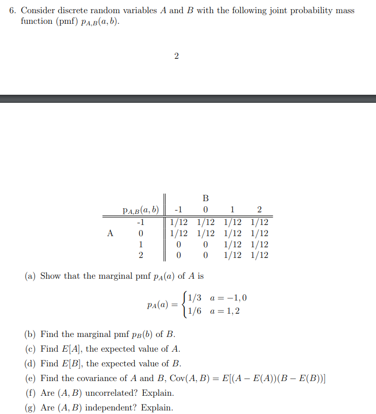 Solved Consider discrete random variables A and B ﻿with the | Chegg.com