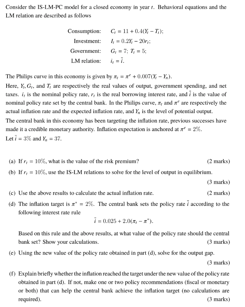 Consider the IS-LM-PC model for a closed economy in | Chegg.com