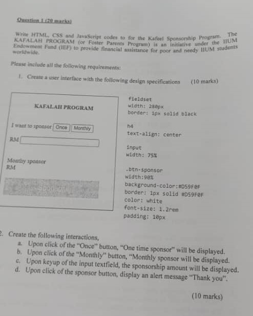 Solved Qutstint.. fie marks) Write HMML CsS and lavaScripe | Chegg.com