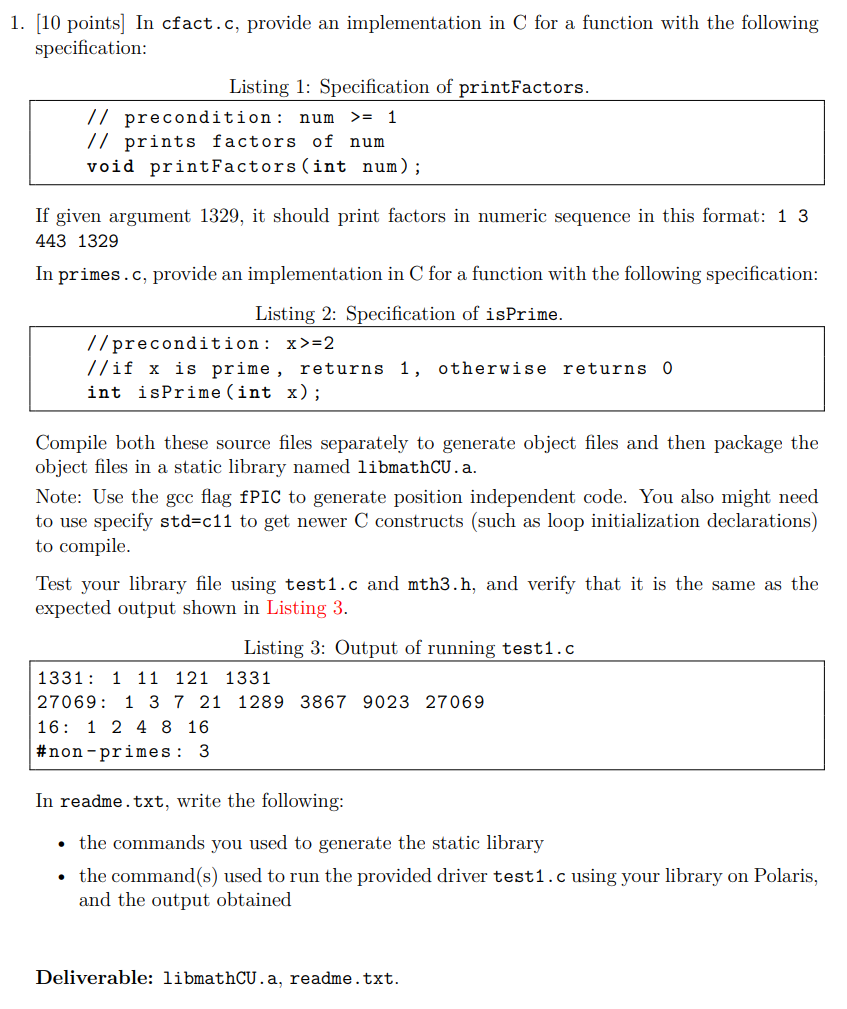 Solved 1. [10 points] In cfact.c, provide an implementation | Chegg.com