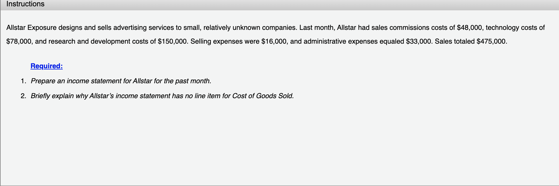 Solved Instructions Allstar Exposure designs and sells | Chegg.com