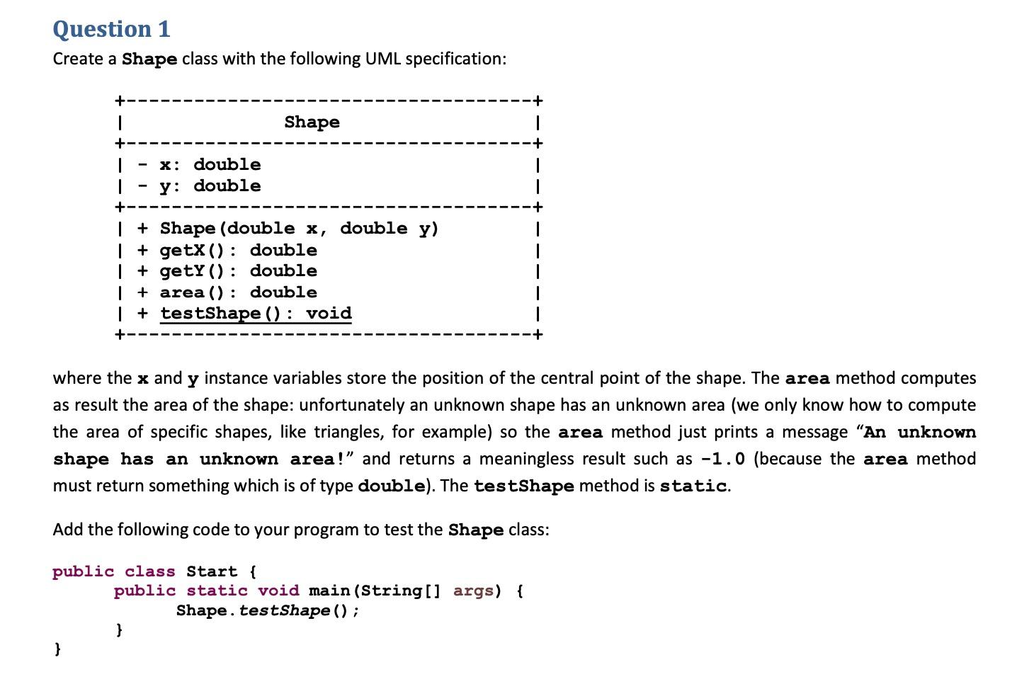Solved Question 1 Create a Shape class with the following | Chegg.com