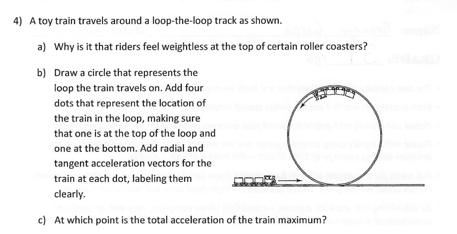 Solved 4) A toy train travels around a loop-the-loop track | Chegg.com