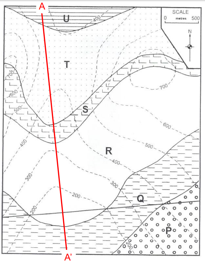 Solved Draw structure contours on the geological boundaries | Chegg.com