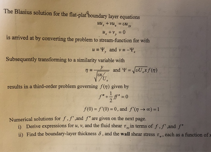Solved The Blasius solution for the flat-plat boundary layer | Chegg.com