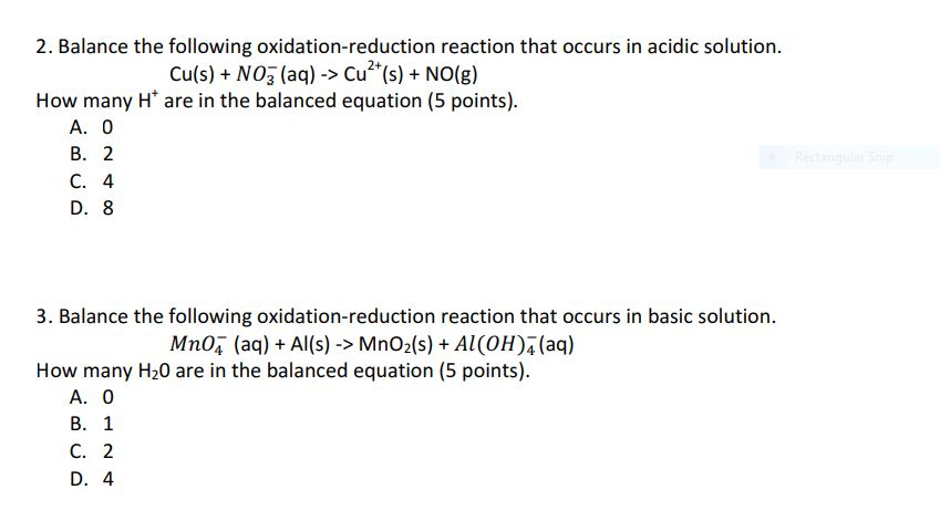 Solved 2. Balance the following oxidation-reduction reaction | Chegg.com