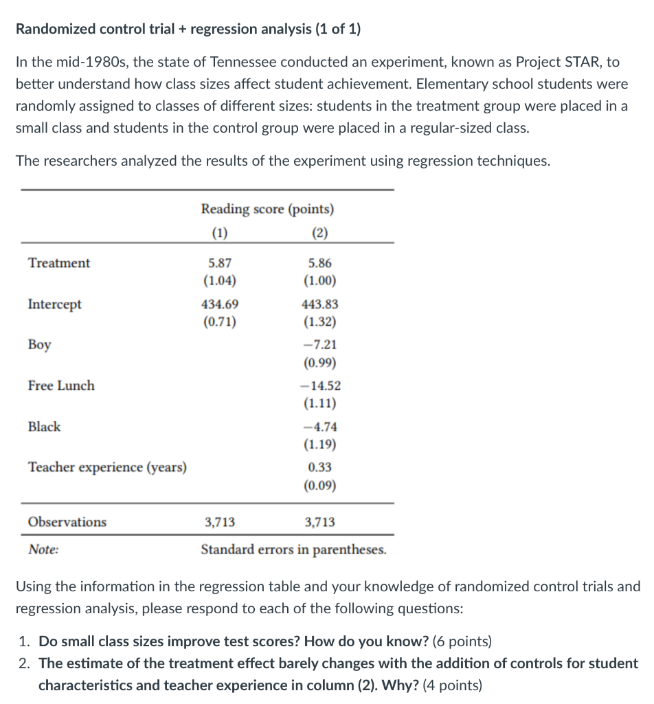 Solved Randomized control trial + regression analysis (1 of | Chegg.com