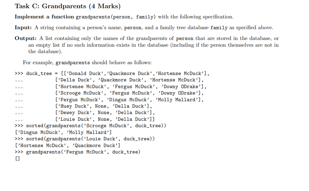 Solved Task C: Grandparents (4 Marks) Implement a function | Chegg.com