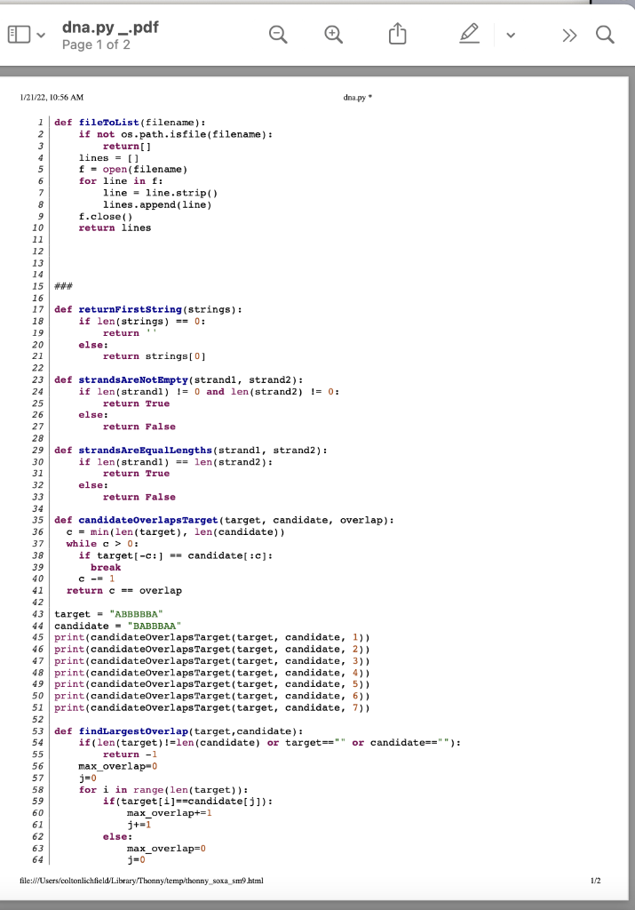 Solved dna.py _.pdf Page 1 of 2 @ a >> a Q 1/21/22, 10:56 AM | Chegg.com
