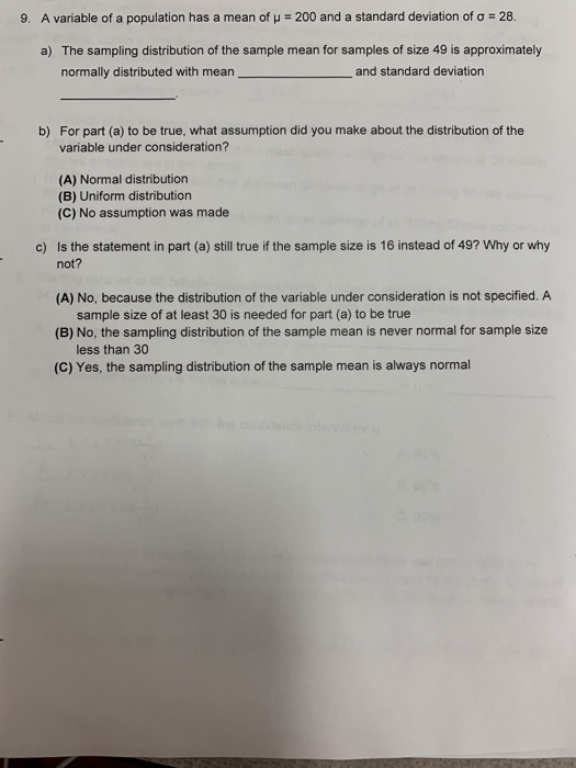Solved 9, A variable of a population has a mean of 200 and a | Chegg.com