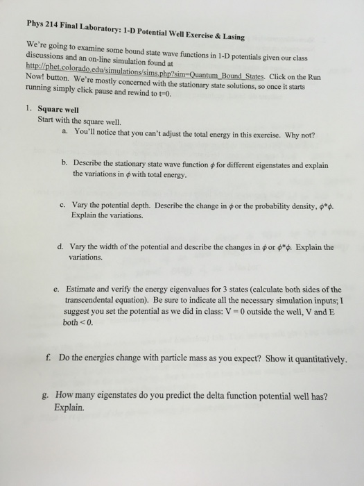 Solved Phys 214 Final Laboratory: 1-D Potential Well | Chegg.com