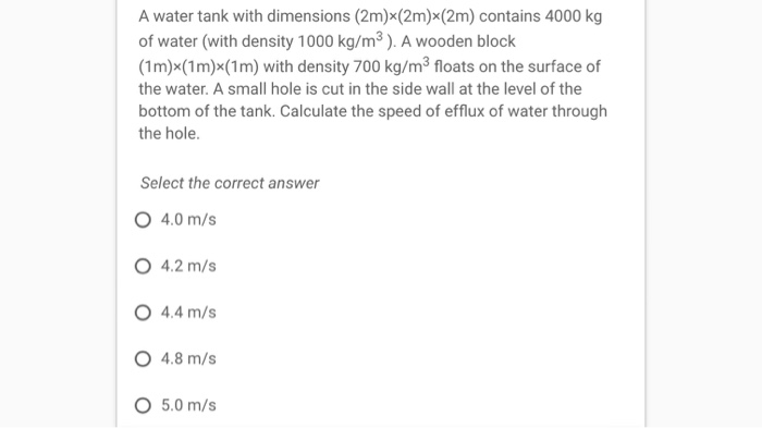 Solved A water tank with dimensions (2m) times (2m) times | Chegg.com