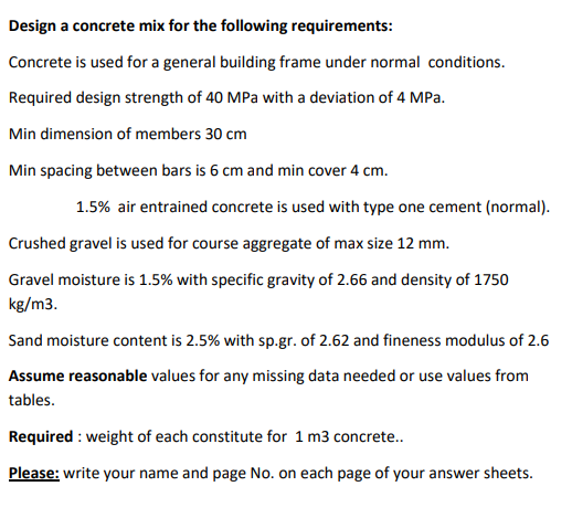 Solved Design a concrete mix for the following requirements: | Chegg.com