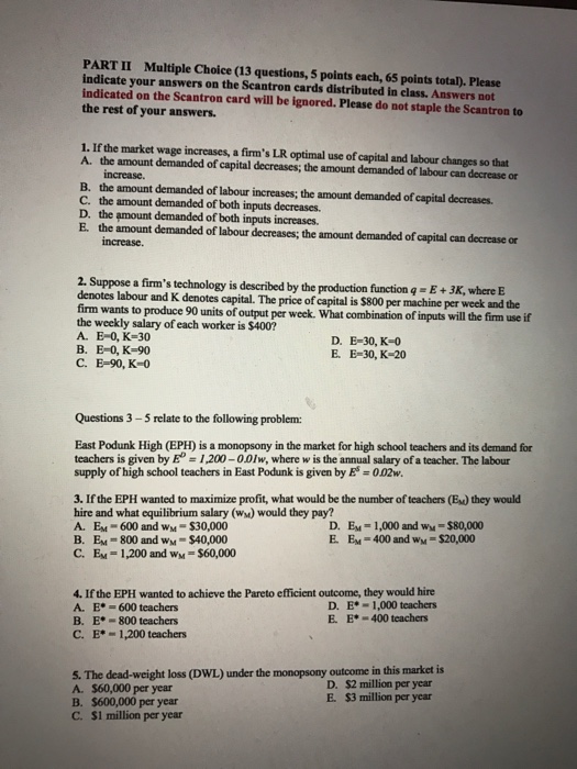 Solved PART II Multiple Choice (13 questions, 5 points each, | Chegg.com