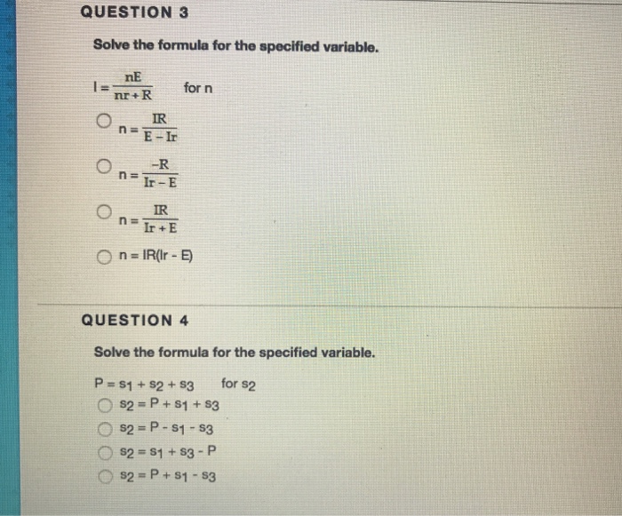 Solved QUESTION 3 Solve the formula for the specified | Chegg.com