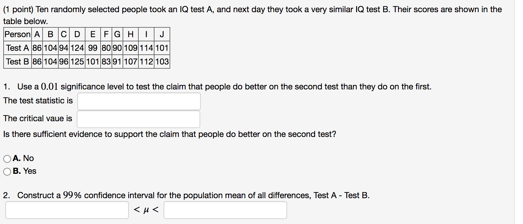 Solved (1 point) Ten randomly selected people took an IQ | Chegg.com