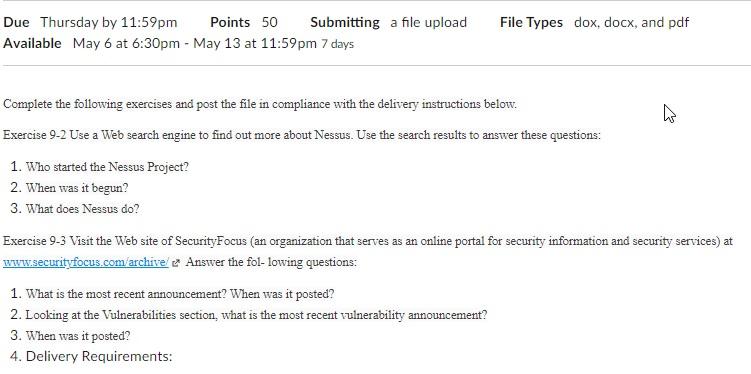 Solved File Types dox, docx, and pdf Due Thursday by 11:59pm | Chegg.com