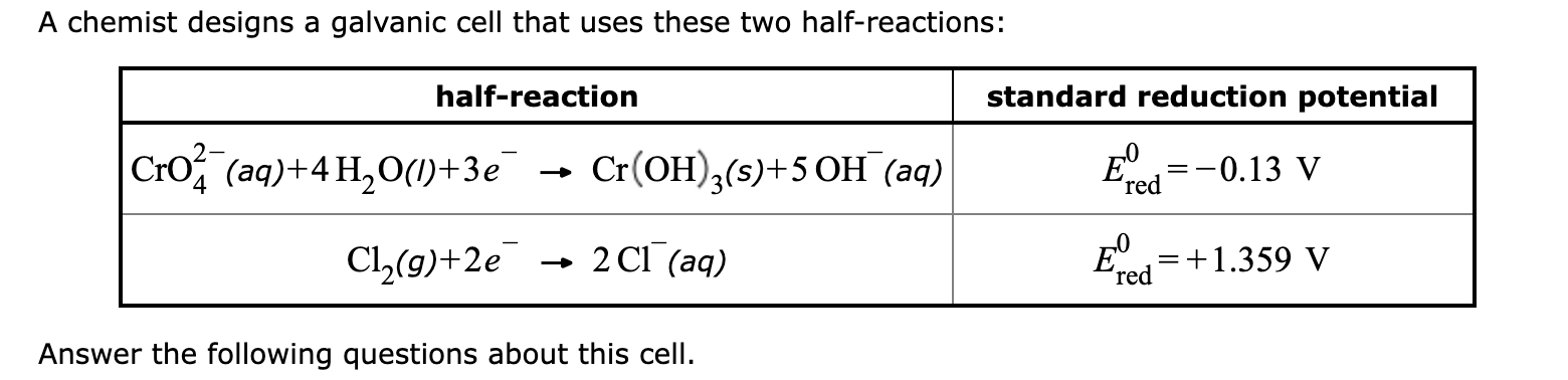 Solved A chemist designs a galvanic cell that uses these two | Chegg.com