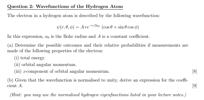 Solved Question 2: Wavefunctions of the Hydrogen Atom The | Chegg.com