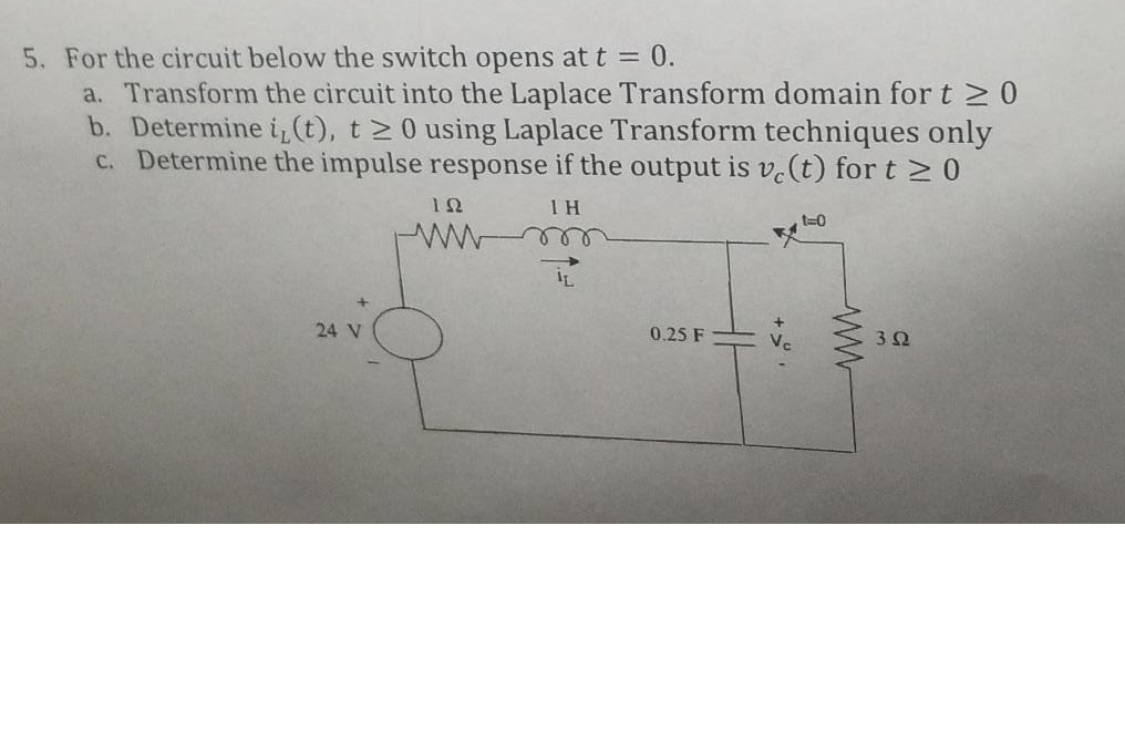 Solved 5. For the circuit below the switch opens at t=0. a. | Chegg.com