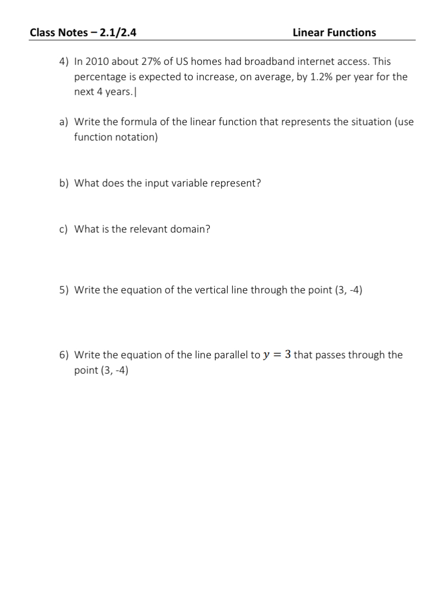 Solved Class Notes - 2.1/2.4 Linear Functions 4) In 2010 | Chegg.com