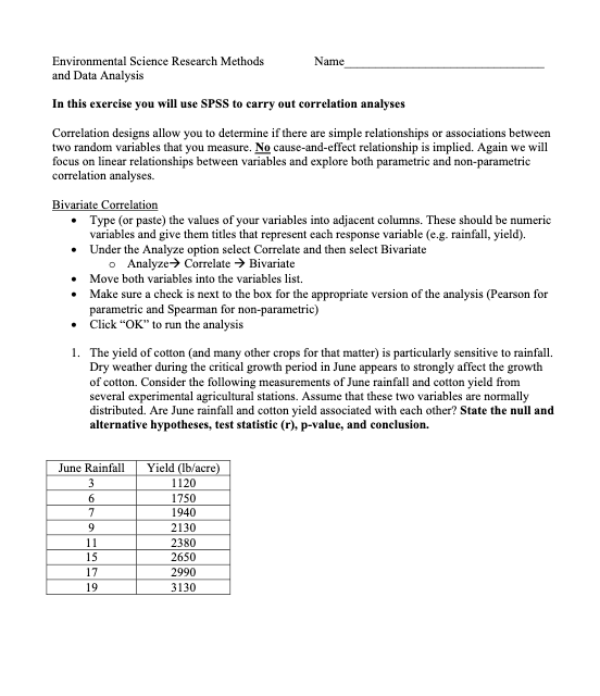 Solved Environmental Science Research Methods Name and Data | Chegg.com
