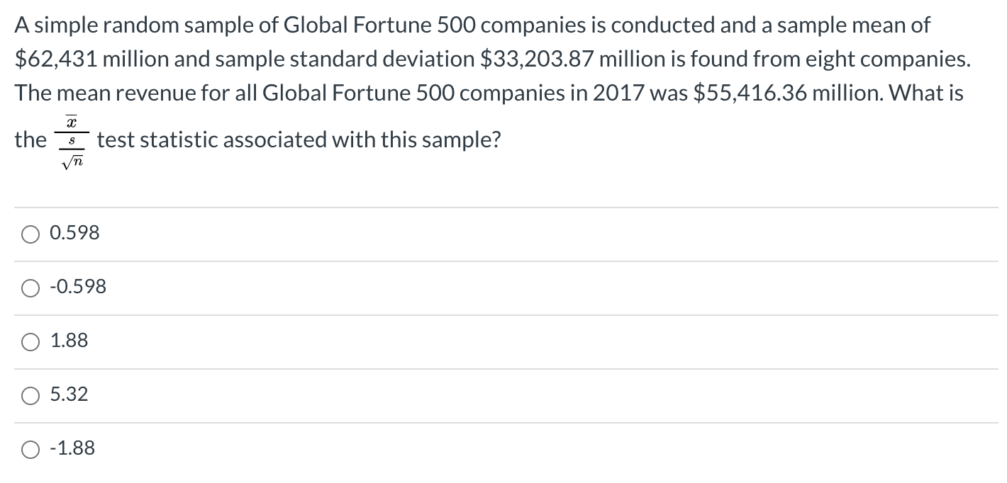 Solved A simple random sample of Global Fortune 500 | Chegg.com